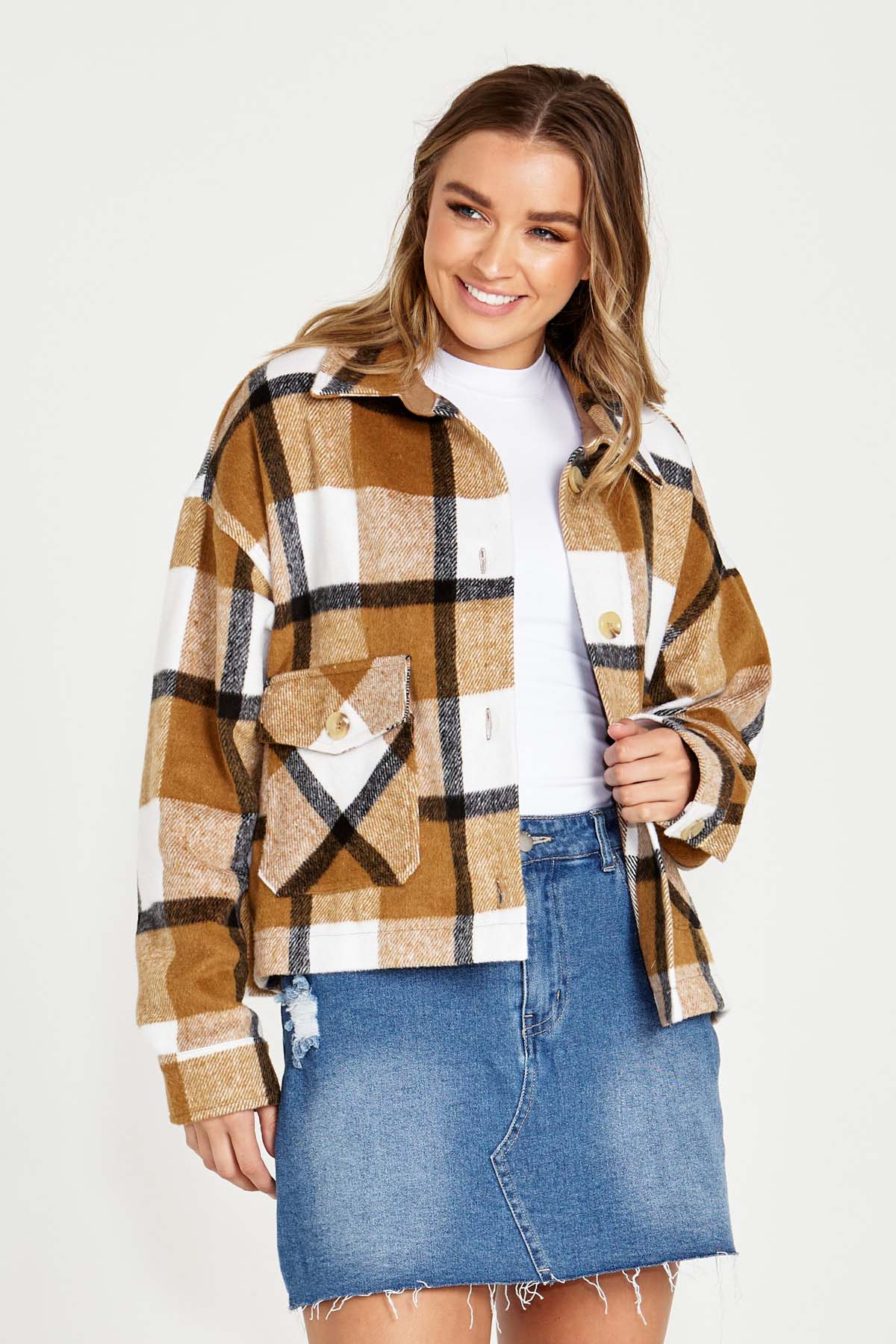 Sass Augusta Cropped Shacket in Tan Cream Check - Hey Sara